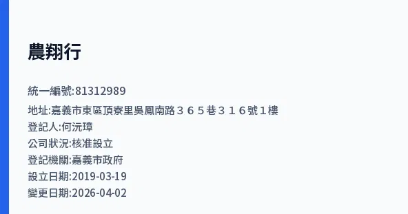 農翔行的照片-統編 81312989(嘉義市) 公司登記資料與營業項目詳細圖表