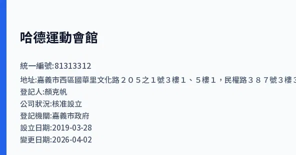 哈德運動會館的照片-統編 81313312(嘉義市) 公司登記資料與營業項目詳細圖表