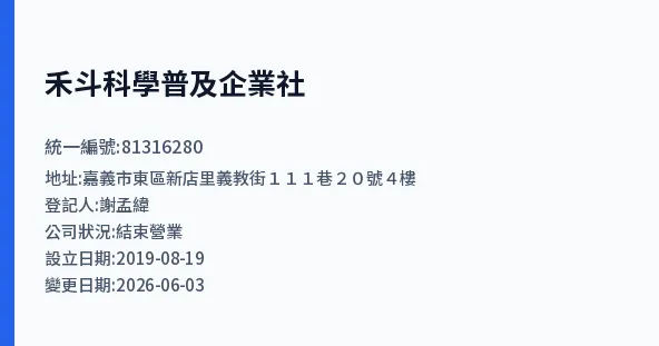 禾斗科學普及企業社的照片-統編 81316280(嘉義市) 公司登記資料與營業項目詳細圖表