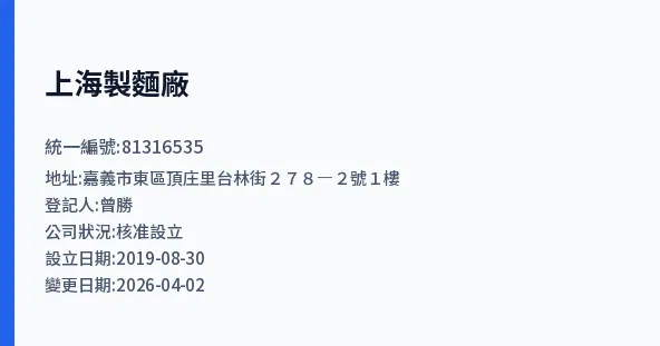 上海製麵廠的照片-統編 81316535(嘉義市) 公司登記資料與營業項目詳細圖表