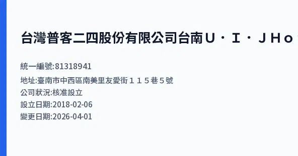 台灣普客二四股份有限公司台南U.I.J Hotel&Hostel停車場的照片-統編 81318941(臺南市) 公司登記資料與營業項目詳細圖表
