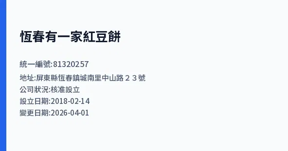 恆春有一家紅豆餅的照片-統編 81320257(屏東縣) 公司登記資料與營業項目詳細圖表