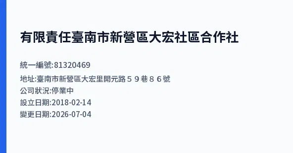 有限責任臺南市新營區大宏社區合作社的照片-統編 81320469(臺南市) 公司登記資料與營業項目詳細圖表