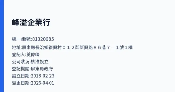 峰溢企業行的照片-統編 81320685(屏東縣) 公司登記資料與營業項目詳細圖表
