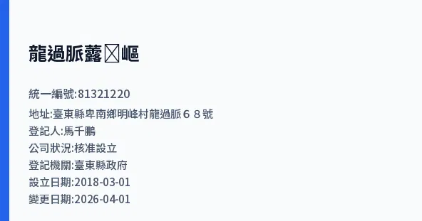 龍過脈虂櫿嶇的照片-統編 81321220(臺東縣) 公司登記資料與營業項目詳細圖表