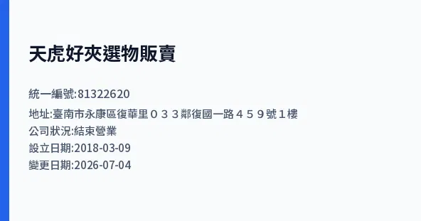 天虎好夾選物販賣的照片-統編 81322620(臺南市) 公司登記資料與營業項目詳細圖表