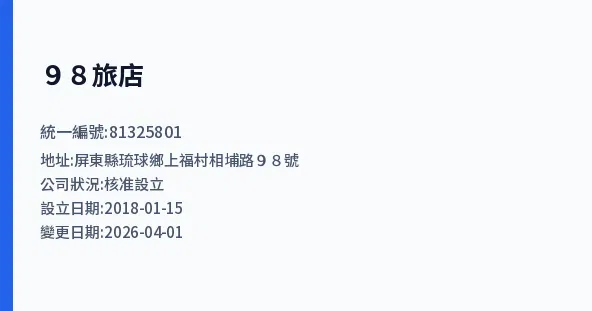 98旅店的照片-統編 81325801(屏東縣) 公司登記資料與營業項目詳細圖表