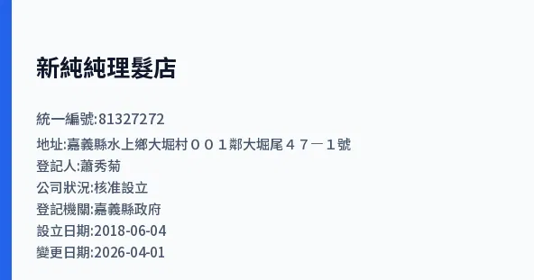 新純純理髮店的照片-統編 81327272(嘉義縣) 公司登記資料與營業項目詳細圖表