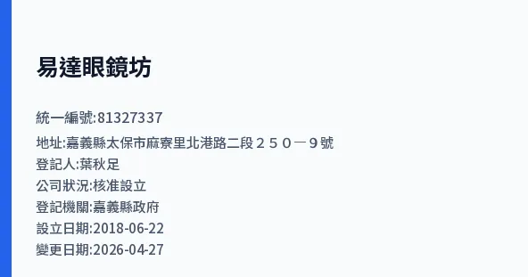 易達眼鏡坊的照片-統編 81327337(嘉義縣) 公司登記資料與營業項目詳細圖表