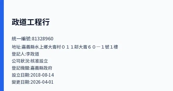 政道工程行的照片-統編 81328960(嘉義縣) 公司登記資料與營業項目詳細圖表