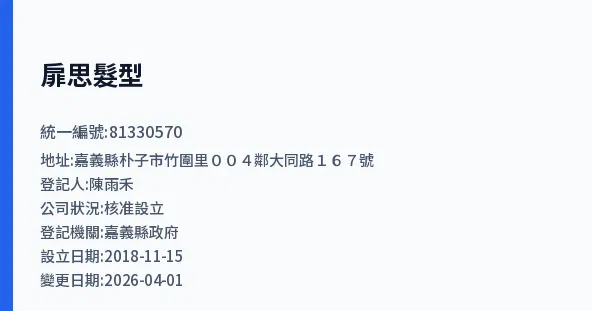 扉思髮型的照片-統編 81330570(嘉義縣) 公司登記資料與營業項目詳細圖表