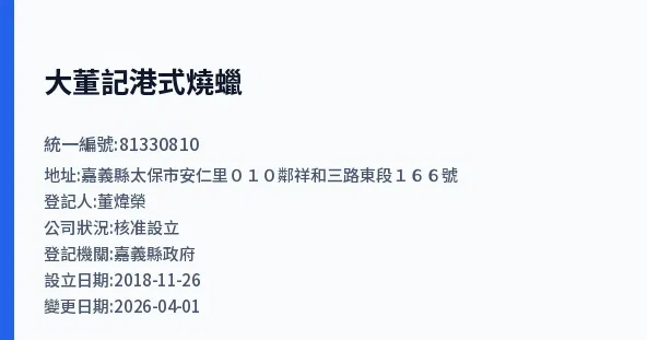 大董記港式燒蠟的照片-統編 81330810(嘉義縣) 公司登記資料與營業項目詳細圖表