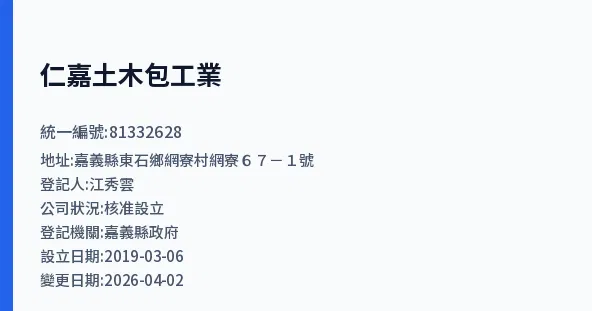 仁嘉土木包工業的照片-統編 81332628(嘉義縣) 公司登記資料與營業項目詳細圖表