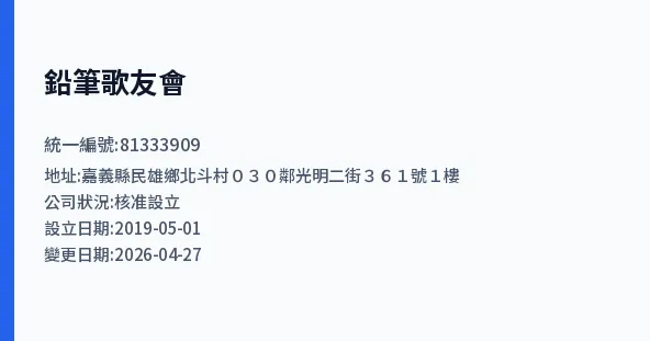 鉛筆歌友會的照片-統編 81333909(嘉義縣) 公司登記資料與營業項目詳細圖表