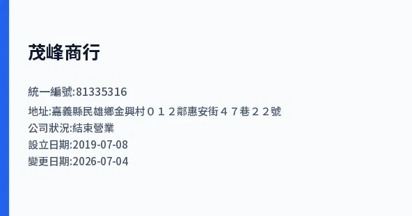 茂峰商行的照片-統編 81335316(嘉義縣) 公司登記資料與營業項目詳細圖表