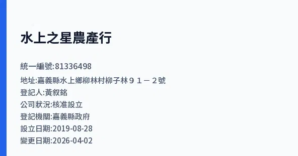 水上之星農產行的照片-統編 81336498(嘉義縣) 公司登記資料與營業項目詳細圖表