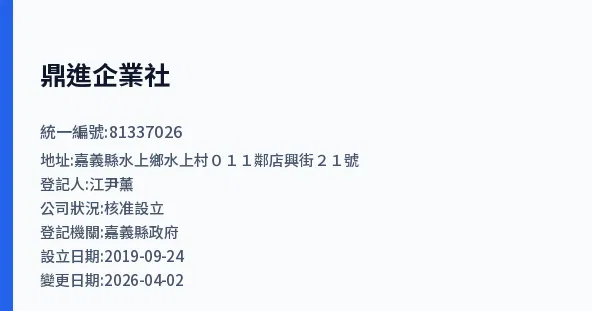 鼎進企業社的照片-統編 81337026(嘉義縣) 公司登記資料與營業項目詳細圖表