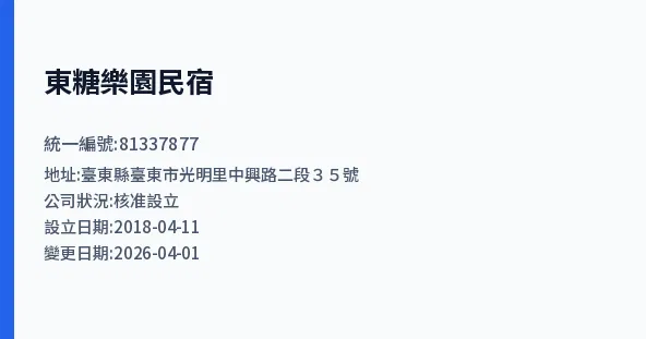東糖樂園民宿的照片-統編 81337877(臺東縣) 公司登記資料與營業項目詳細圖表