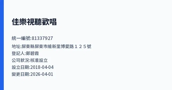 佳樂視聽歡唱的照片-統編 81337927(屏東縣) 公司登記資料與營業項目詳細圖表