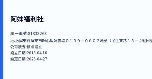 阿妹福利社的照片-統編 81338263(屏東縣) 公司登記資料與營業項目詳細圖表