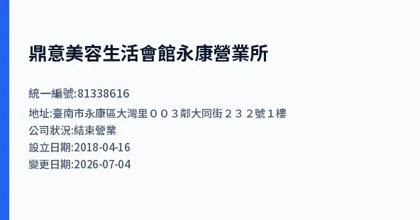 鼎意美容生活會館永康營業所的照片-統編 81338616(臺南市) 公司登記資料與營業項目詳細圖表