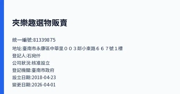夾樂趣選物販賣的照片-統編 81339875(臺南市) 公司登記資料與營業項目詳細圖表