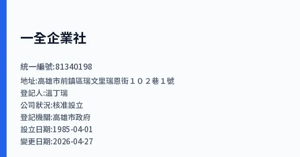 一全企業社的照片-統編 81340198(高雄市) 公司登記資料與營業項目詳細圖表