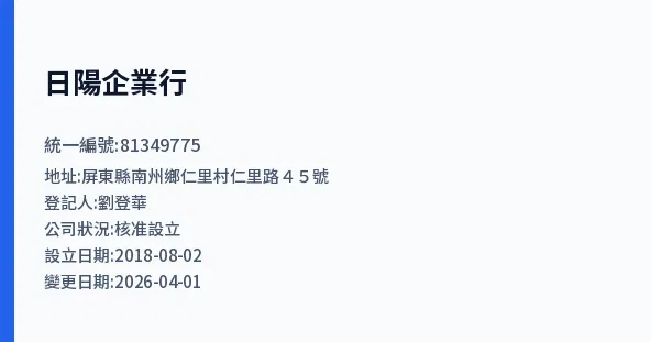日陽企業行的照片-統編 81349775(屏東縣) 公司登記資料與營業項目詳細圖表