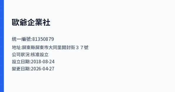 歐爺企業社的照片-統編 81350879(屏東縣) 公司登記資料與營業項目詳細圖表