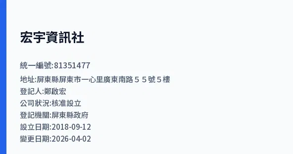 宏宇資訊社的照片-統編 81351477(屏東縣) 公司登記資料與營業項目詳細圖表