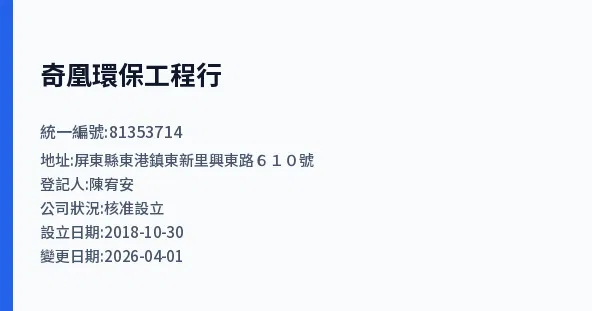 奇凰環保工程行的照片-統編 81353714(屏東縣) 公司登記資料與營業項目詳細圖表