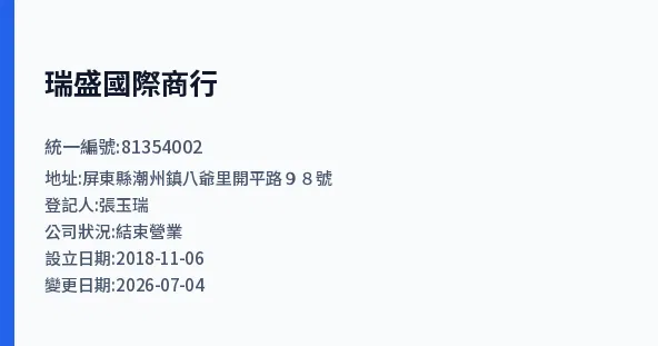 瑞盛國際商行的照片-統編 81354002(屏東縣) 公司登記資料與營業項目詳細圖表