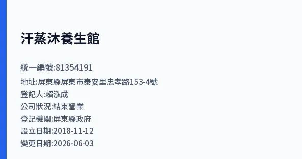 汗蒸沐養生館的照片-統編 81354191(屏東縣) 公司登記資料與營業項目詳細圖表