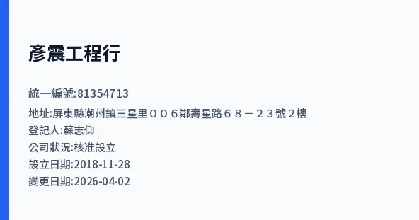 彥震工程行的照片-統編 81354713(屏東縣) 公司登記資料與營業項目詳細圖表