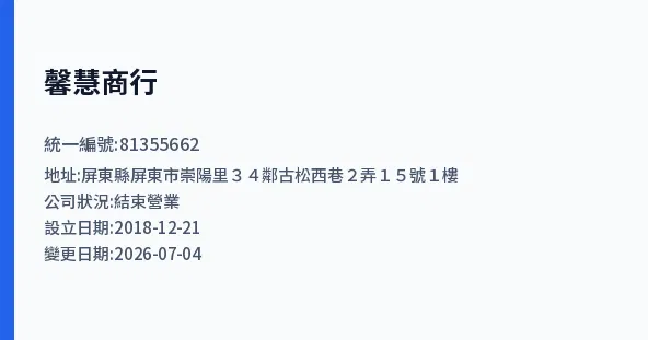 馨慧商行的照片-統編 81355662(屏東縣) 公司登記資料與營業項目詳細圖表