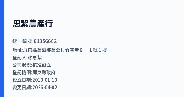 思絜農產行的照片-統編 81356682(屏東縣) 公司登記資料與營業項目詳細圖表