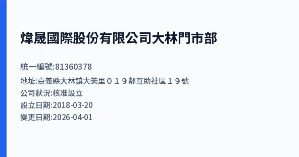煒晟國際股份有限公司大林門市部的照片-統編 81360378(嘉義縣) 公司登記資料與營業項目詳細圖表