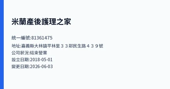 米蘭產後護理之家的照片-統編 81361475(嘉義縣) 公司登記資料與營業項目詳細圖表