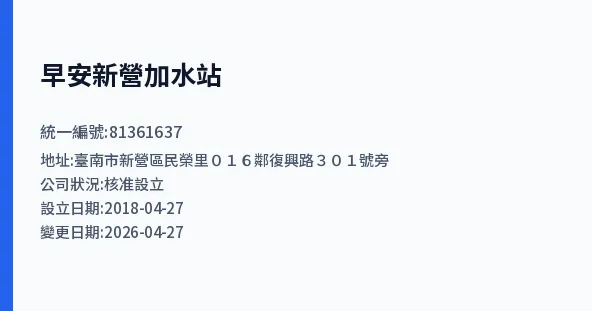 早安新營加水站的照片-統編 81361637(臺南市) 公司登記資料與營業項目詳細圖表
