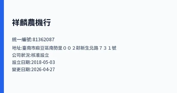 祥麟農機行的照片-統編 81362087(臺南市) 公司登記資料與營業項目詳細圖表