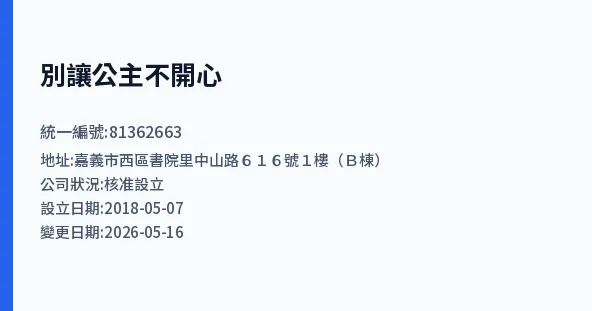 別讓公主不開心的照片-統編 81362663(嘉義市) 公司登記資料與營業項目詳細圖表