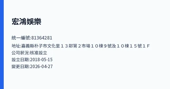 宏鴻娛樂的照片-統編 81364281(嘉義縣) 公司登記資料與營業項目詳細圖表