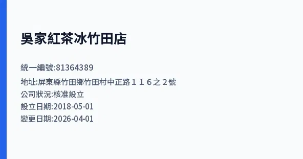 吳家紅茶冰竹田店的照片-統編 81364389(屏東縣) 公司登記資料與營業項目詳細圖表