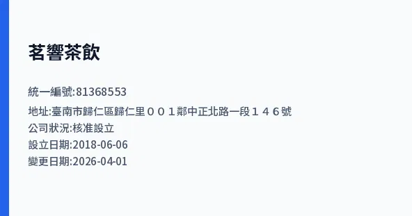 茗響茶飲的照片-統編 81368553(臺南市) 公司登記資料與營業項目詳細圖表
