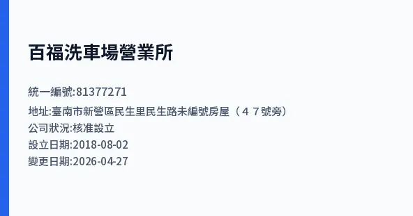 百福洗車場營業所的照片-統編 81377271(臺南市) 公司登記資料與營業項目詳細圖表