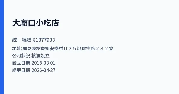 大廟口小吃店的照片-統編 81377933(屏東縣) 公司登記資料與營業項目詳細圖表