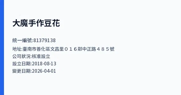大魔手作豆花的照片-統編 81379138(臺南市) 公司登記資料與營業項目詳細圖表