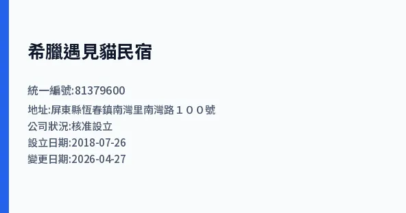 希臘遇見貓民宿的照片-統編 81379600(屏東縣) 公司登記資料與營業項目詳細圖表