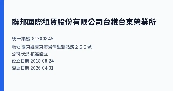 聯邦國際租賃股份有限公司台鐵台東營業所的照片-統編 81380846(臺東縣) 公司登記資料與營業項目詳細圖表
