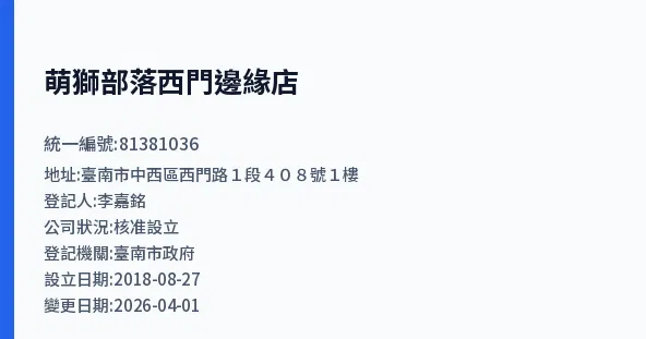 萌獅部落西門邊緣店的照片-統編 81381036(臺南市) 公司登記資料與營業項目詳細圖表